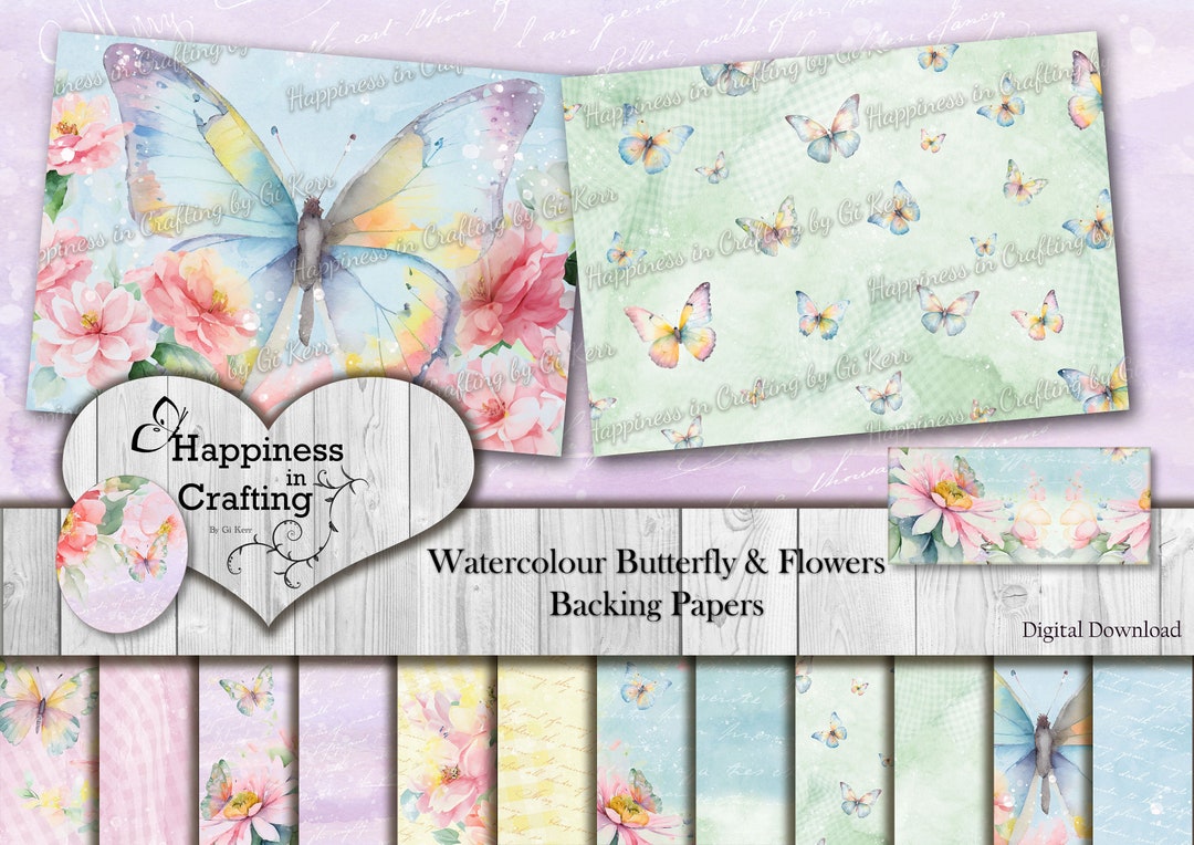 Watercolour Butterfly & Flowers Backing Papers - Instant Digital ...