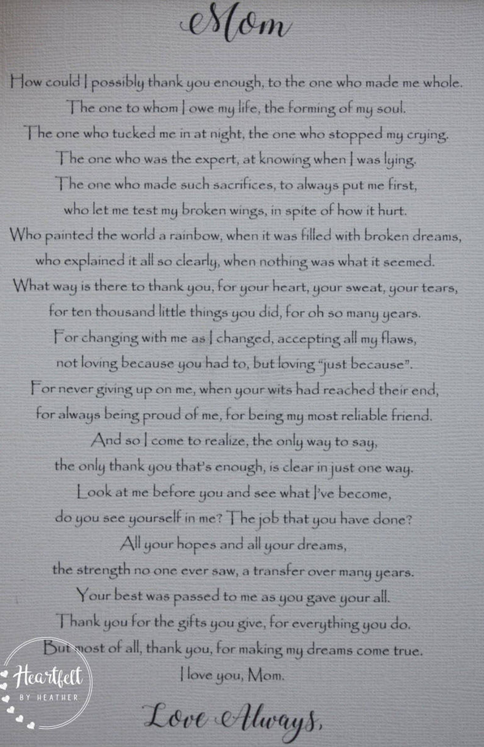 Mother of the Bride Poem Bride Gift to Mom Personalized Poem for Mom ...