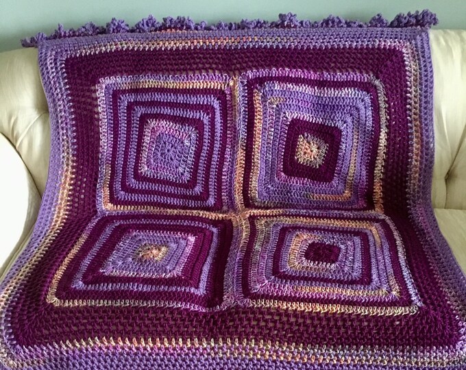 Purple Granny Square Crochet Blanket With Ruffle, Purple Afghan ...