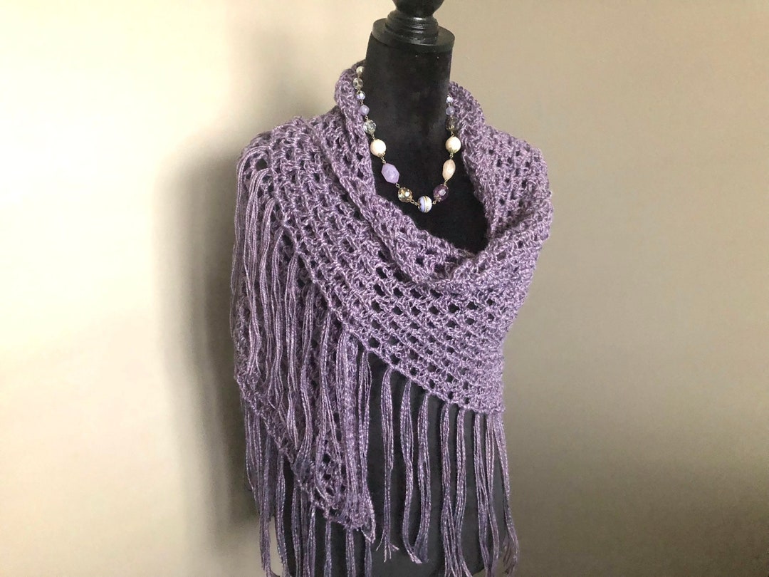 Crocheted Boho Shawl, Plum Color Shawl With Fringe, Handmade Formal ...