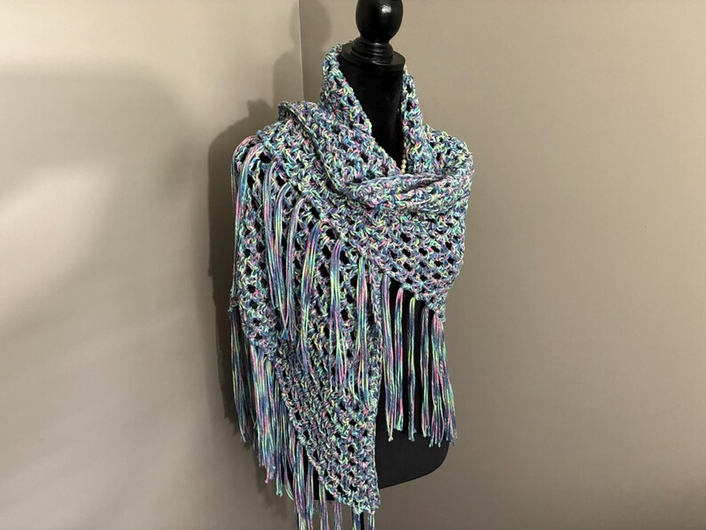 Pastel Rainbow Crochet Shawl: Boho Fringed Triangle Scarf - Etsy