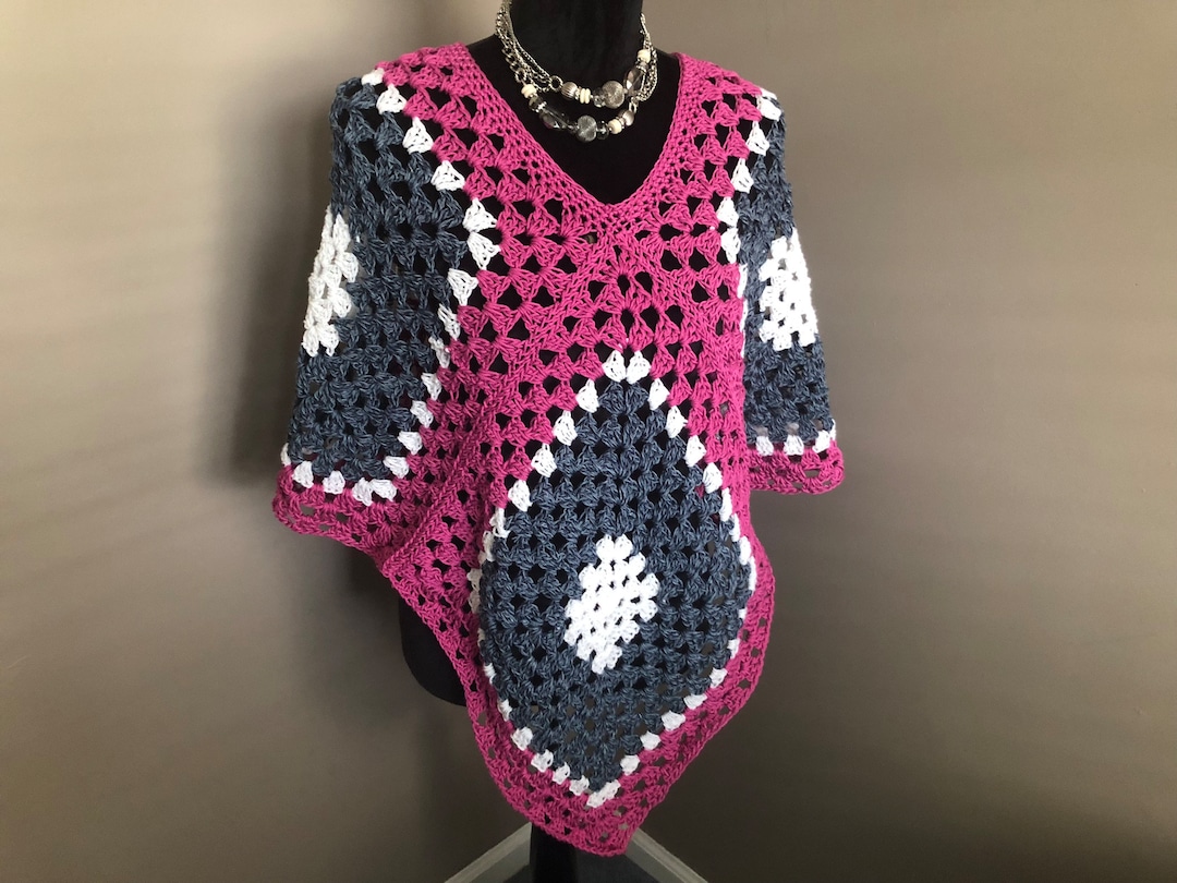 Granny Poncho All Season Crochet Poncho Pink and Grey Boho Granny ...