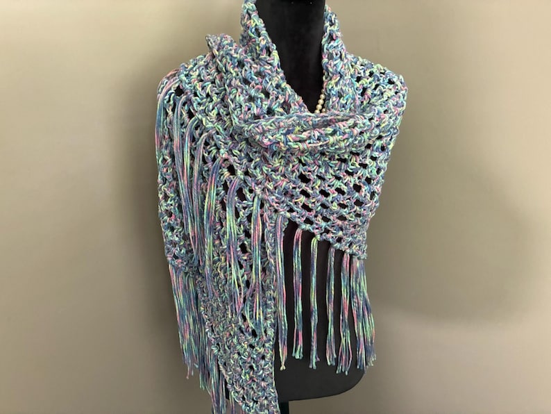 Pastel Rainbow Crochet Shawl: Boho Fringed Triangle Scarf - Etsy