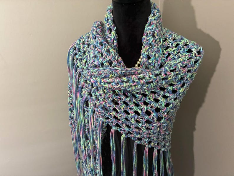 Pastel Rainbow Crochet Shawl: Boho Fringed Triangle Scarf - Etsy