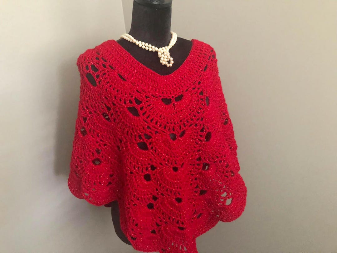 Handmade Scarlet Red Crocheted Poncho: Metallic Sparkle Holiday ...