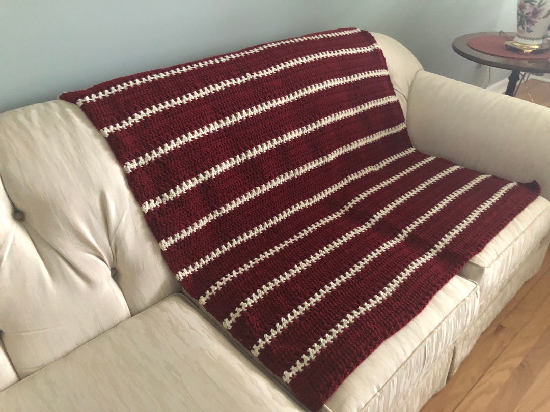 Crocheted Afghan Dark Red Crochet Throw Red Striped Blanket TV Lap or ...