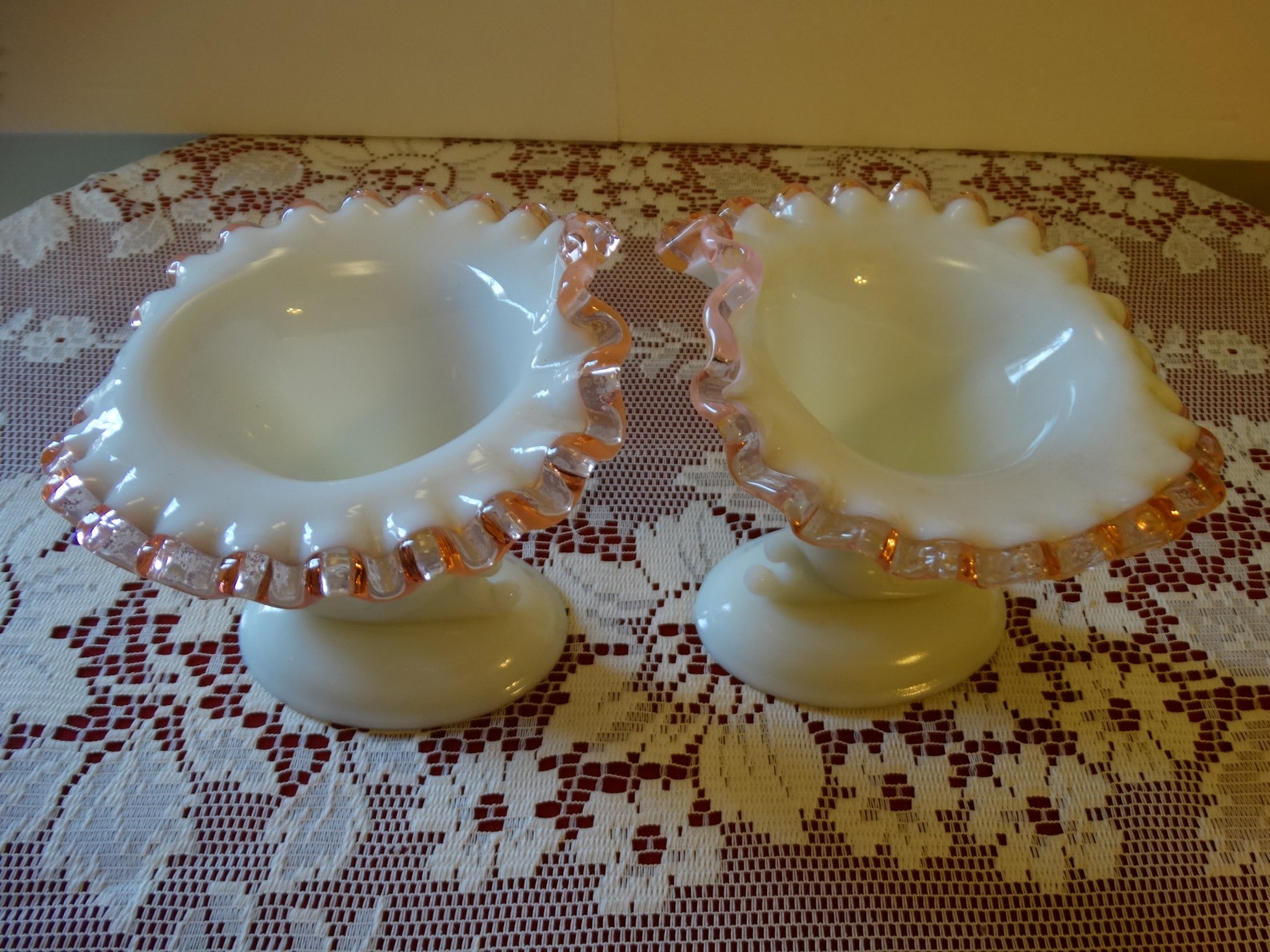 Pair of Vintage Fenton Glass Company "Rosecrest" Pink/White 8" Tall ...