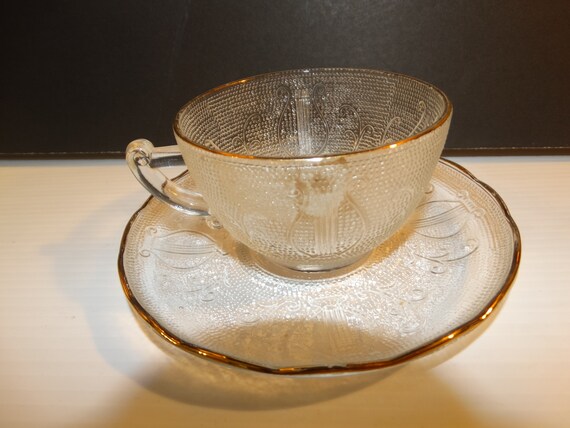 Vintage Jeanette glass company harp pattern cup and saucer with gold ...