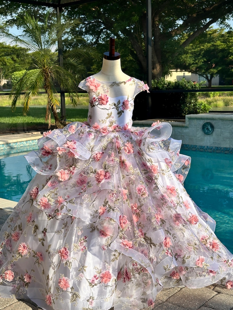 Pink Princess Flower Girl Dress With Train, Tulle Pageant Ball Gown ...