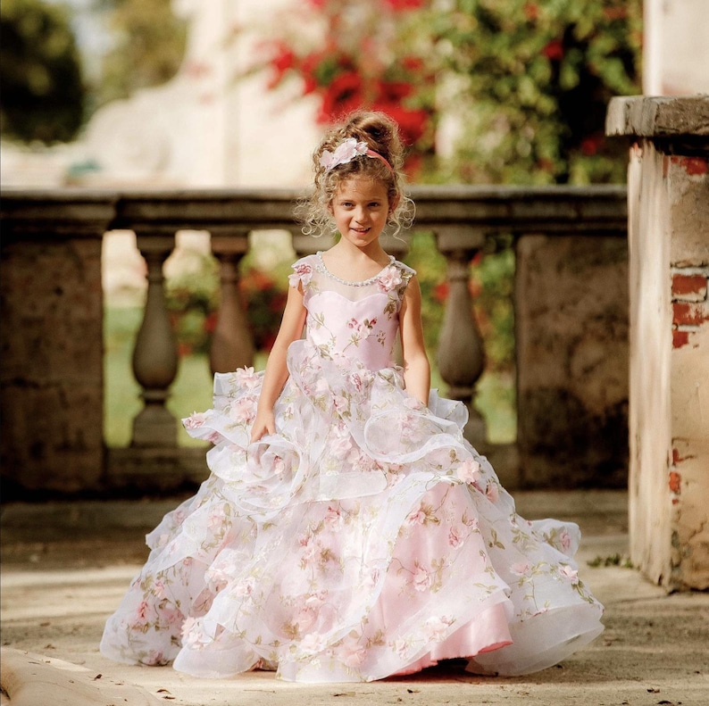 Pink Princess Flower Girl Dress With Train, Tulle Pageant Ball Gown ...