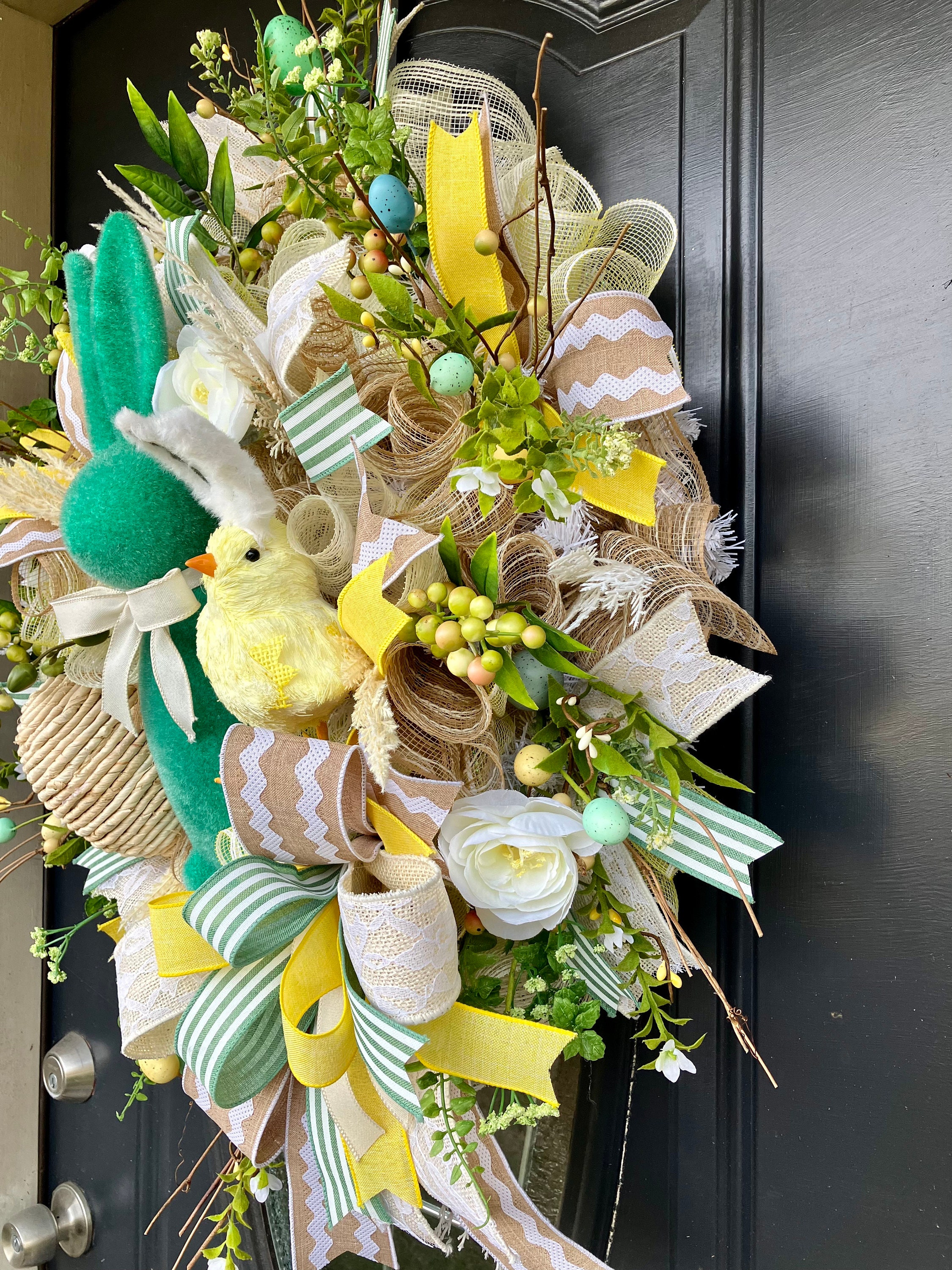 Green Flocked Easter Bunny Wreath: Chick & Egg Spring Decor (30” X24” X ...