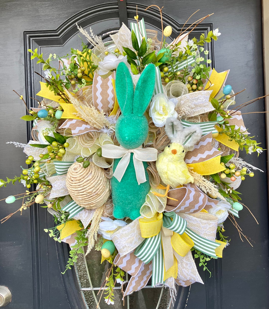 Green Flocked Easter Bunny Wreath: Chick & Egg Spring Decor (30” X24” X ...