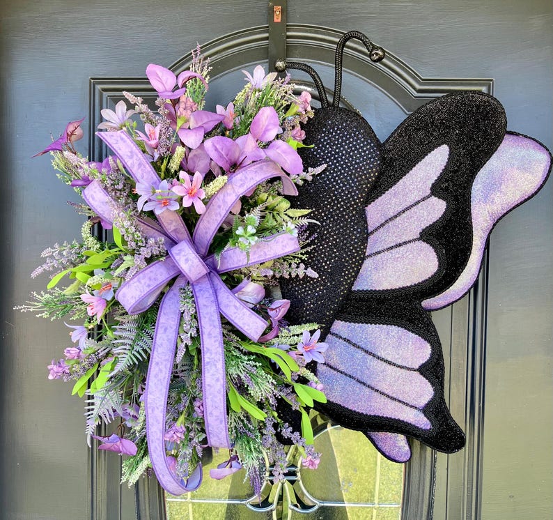 Handmade Purple Butterfly Wreath for Front Door, Floral Butterfly Door ...