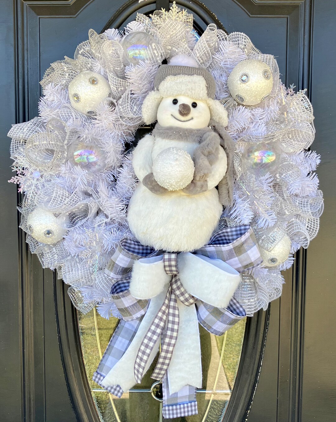 Gray and White Christmas Wreath, Gray and White Winter Wreath, Snowman ...