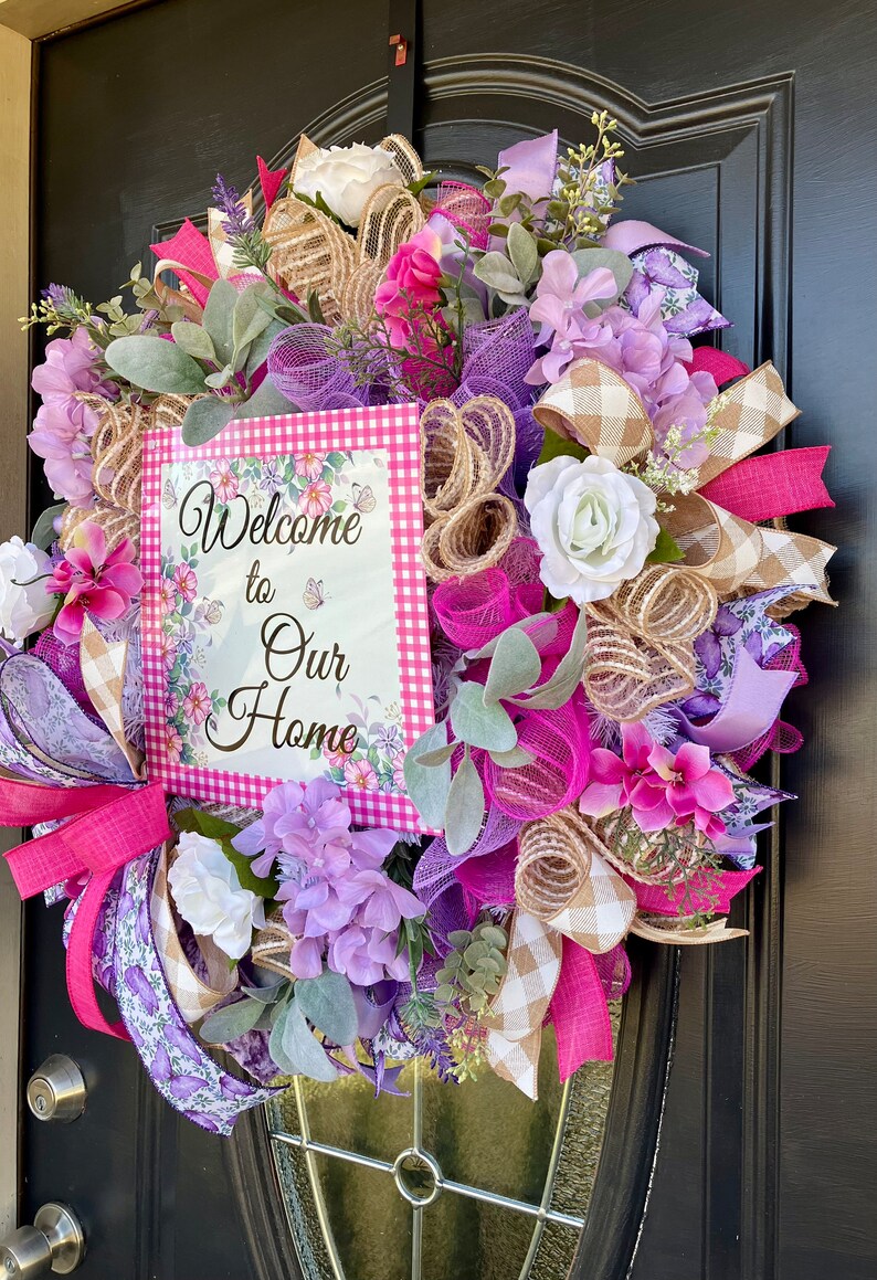 Spring Home Wreath, Pink and Purple Wreath, Welcome Wreath, Large ...