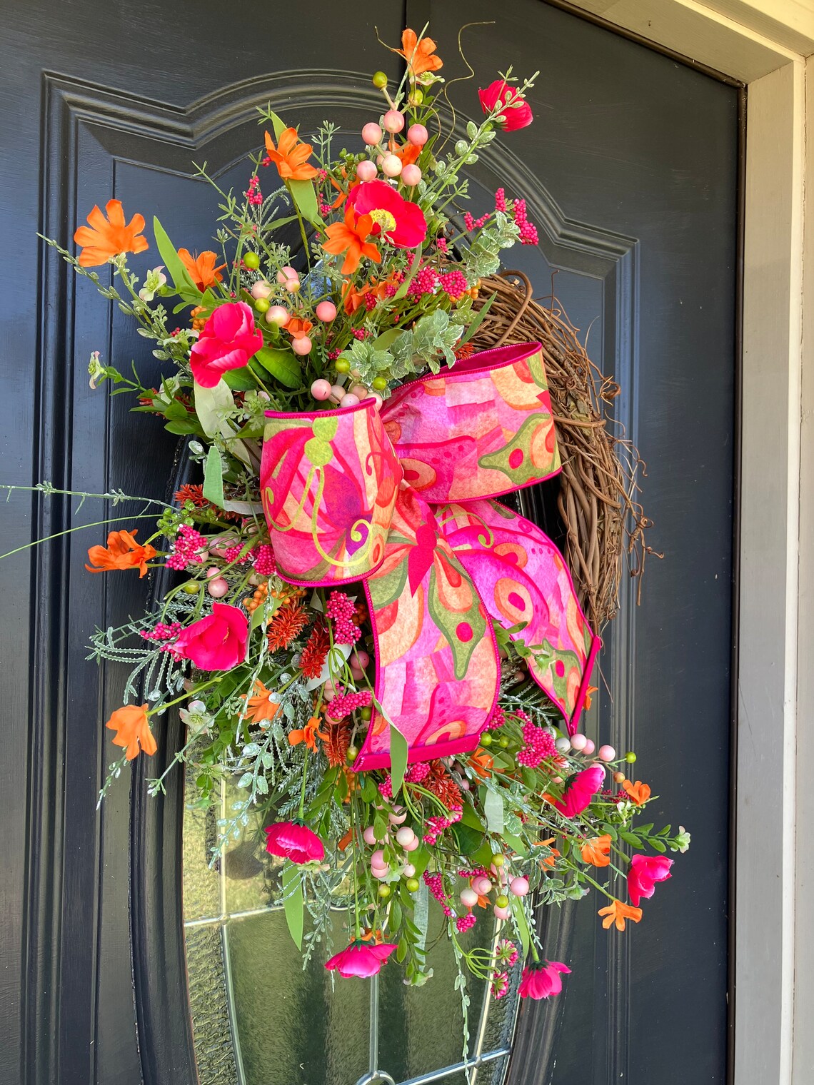Pink and Orange Trendy Wreath for Front Door, Summer Floral Grapevine ...