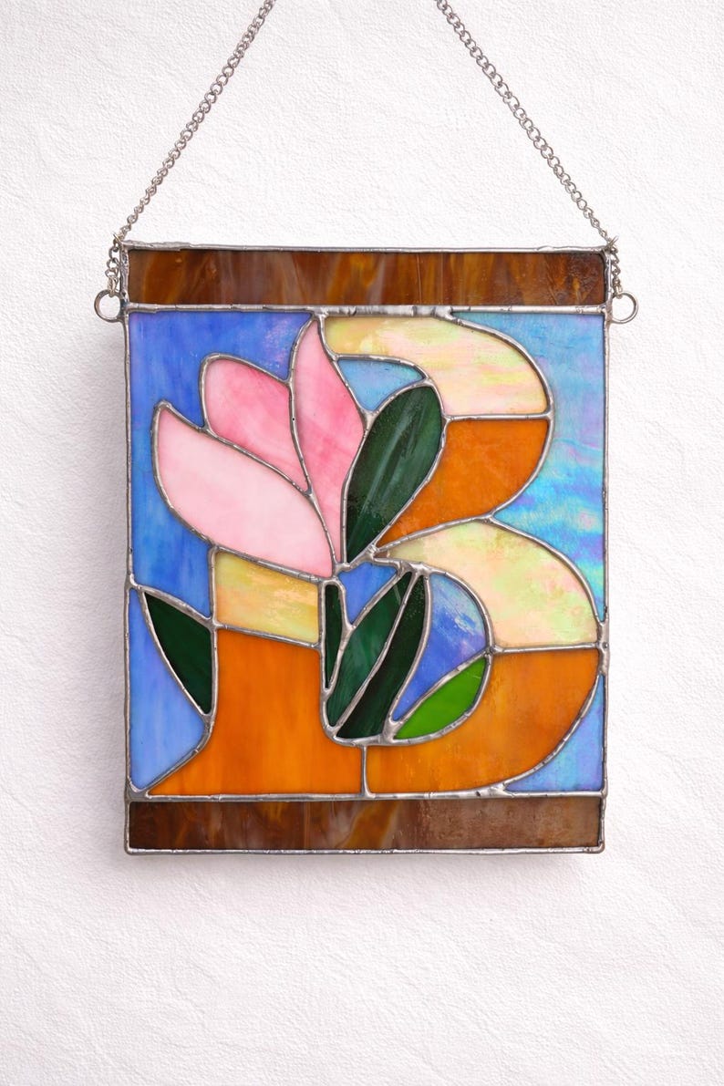 Personalized Stained Glass Initial Panel | Floral Monogram Suncatcher ...