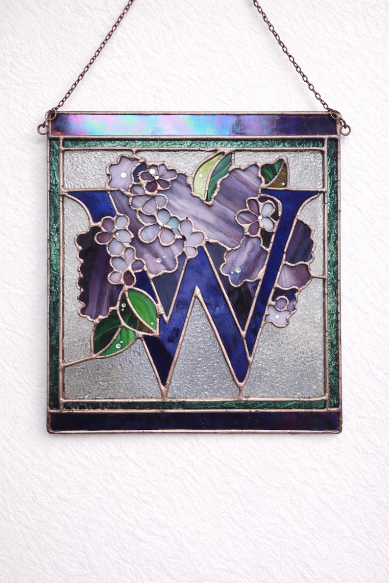 Personalized Stained Glass Initial Panel | Floral Monogram Suncatcher ...