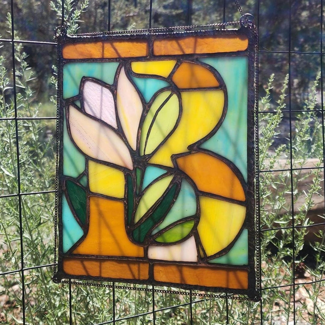 Personalized Stained Glass Initial Panel | Floral Monogram Suncatcher ...