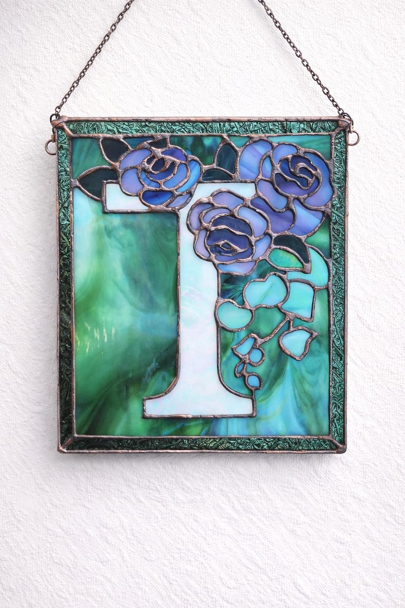 Personalized Stained Glass Initial Panel | Floral Monogram Suncatcher ...