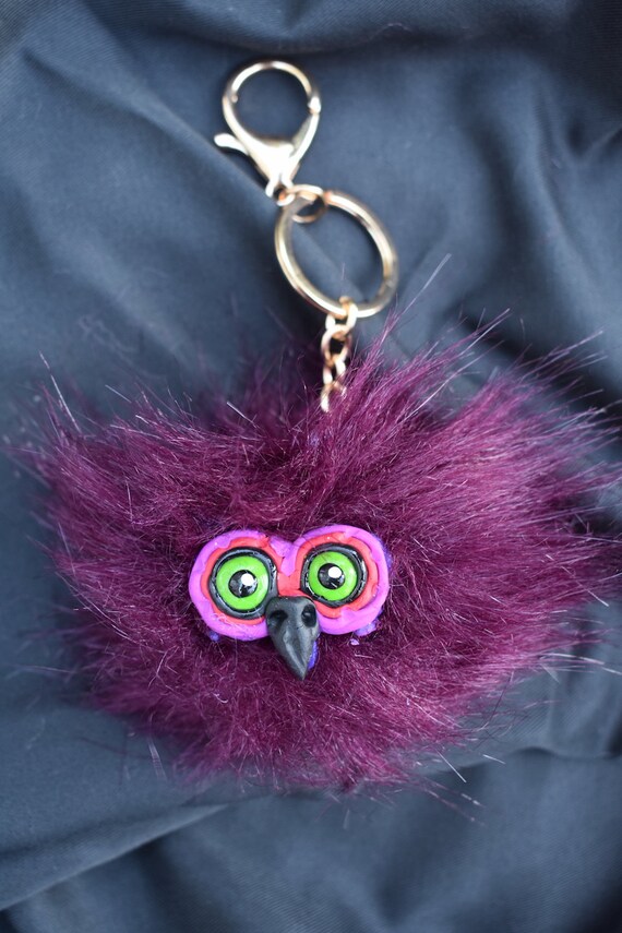 Purple/green Fluffy owl keychain | Etsy