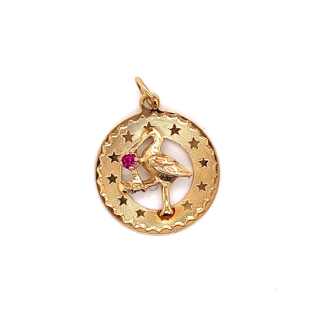 Vintage 14k Yellow Gold Round Stork Charm With Gem - Etsy