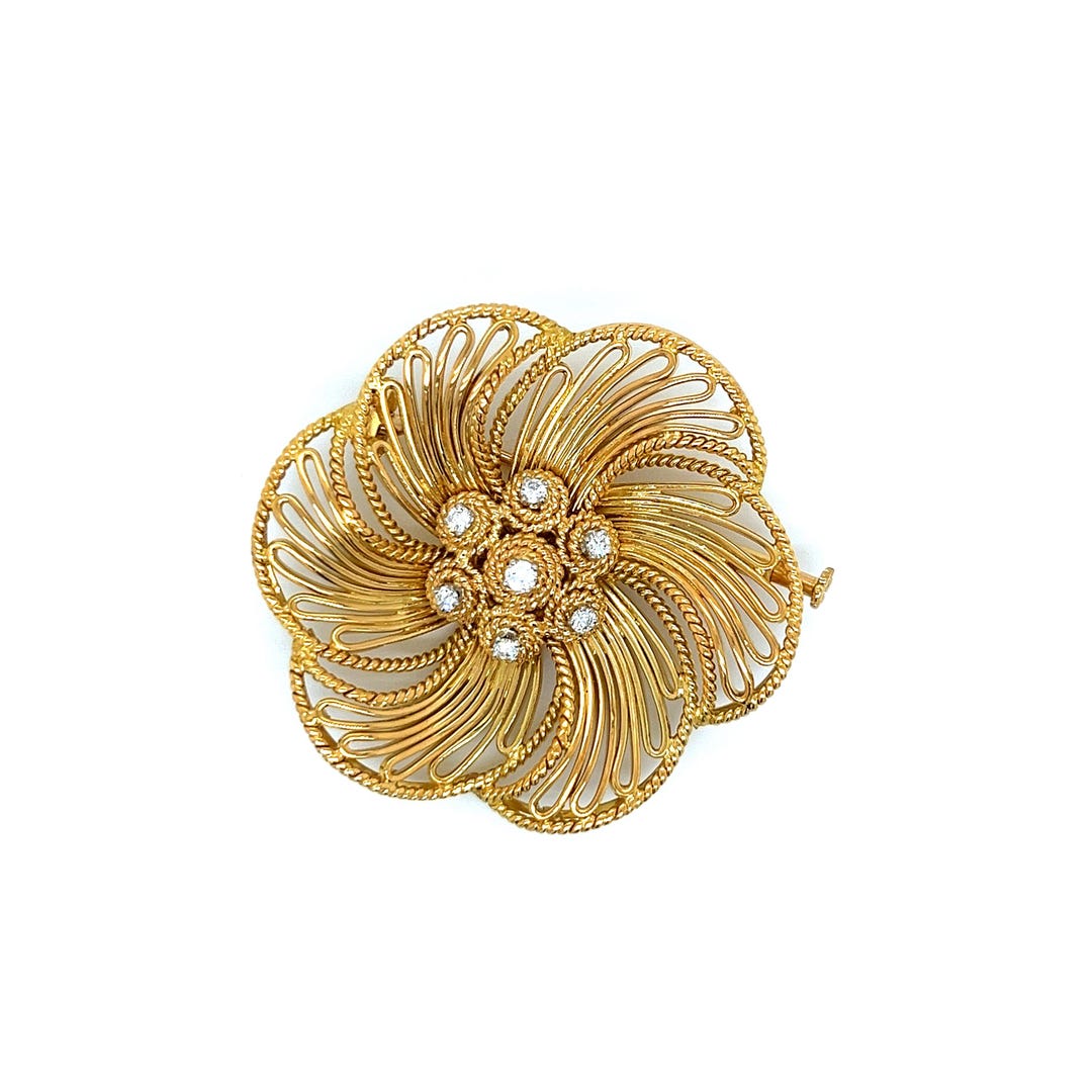 Vintage 18k Gold Large Flower Pin With Diamonds - Etsy