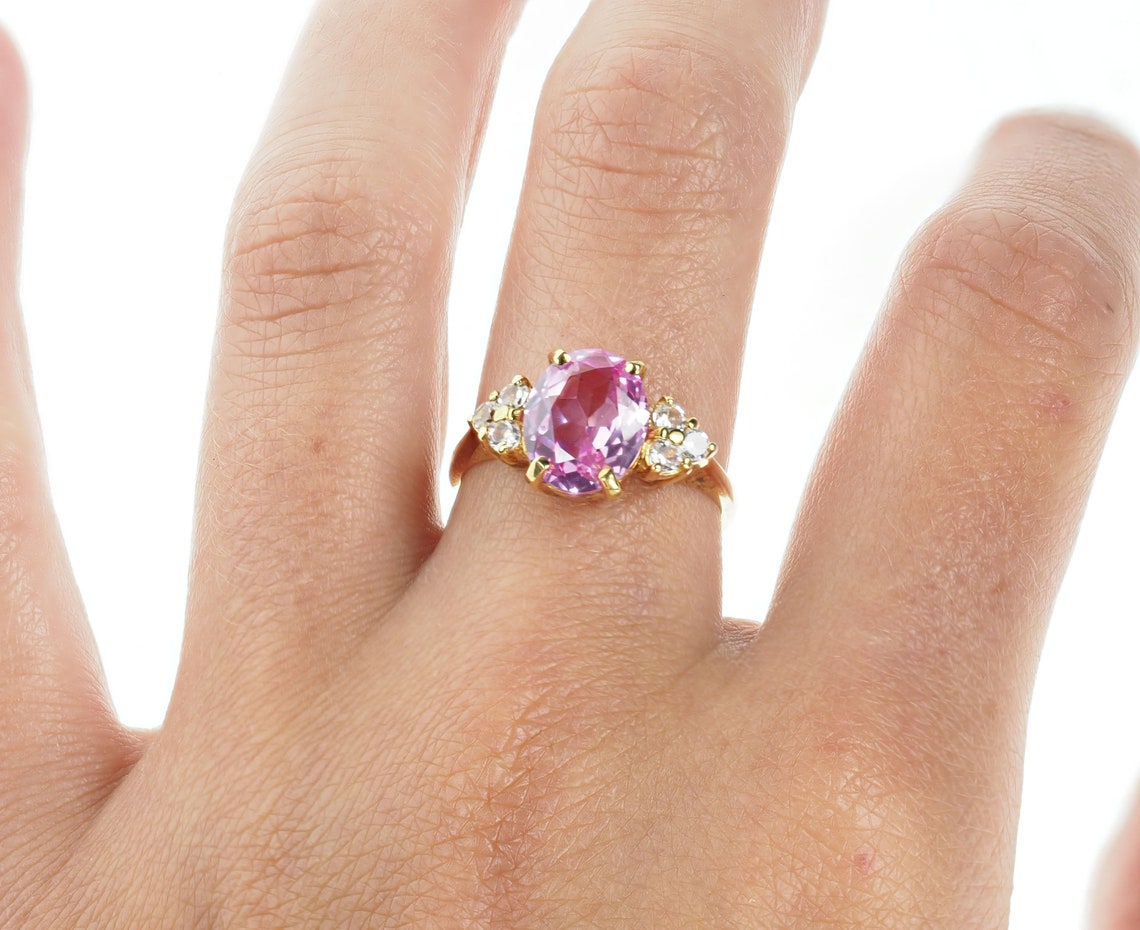 Vintage 1950s 10k Yellow Gold Oval Pink Stone Ring - Etsy