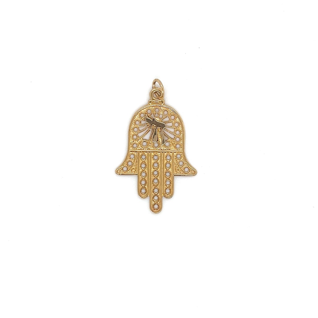 Vintage 14k Yellow Gold Filigree Hamsa Hand of God With Chai Charm ...