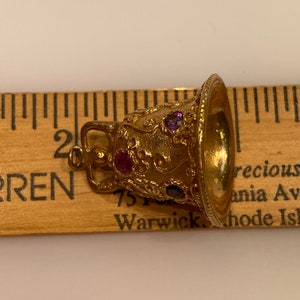 Vintage 14k Yellow Gold Ornate Bell With Gemstones and Swinging Pearl ...