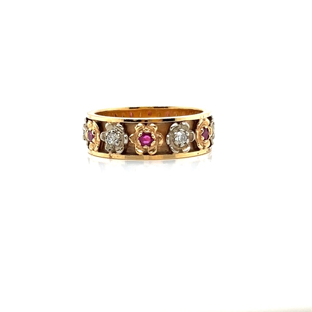 Vintage 1950's 14k Rosey Gold Flower Band With Rubies and Diamond ...