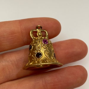 Vintage 14k Yellow Gold Ornate Bell With Gemstones and Swinging Pearl ...