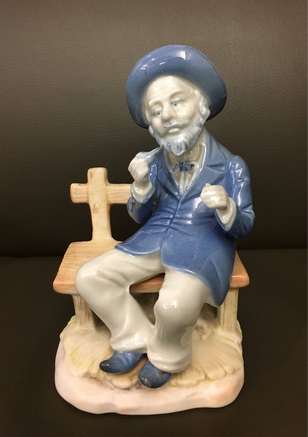Vintage Japan Blue Man Sitting on Bench Figurine - Etsy
