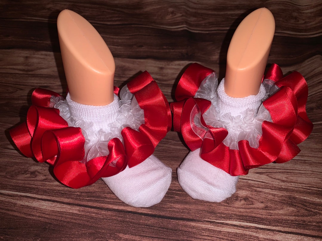 Big Red Ruffle and White Lace Socks With Satin Ribbon Trim - Etsy