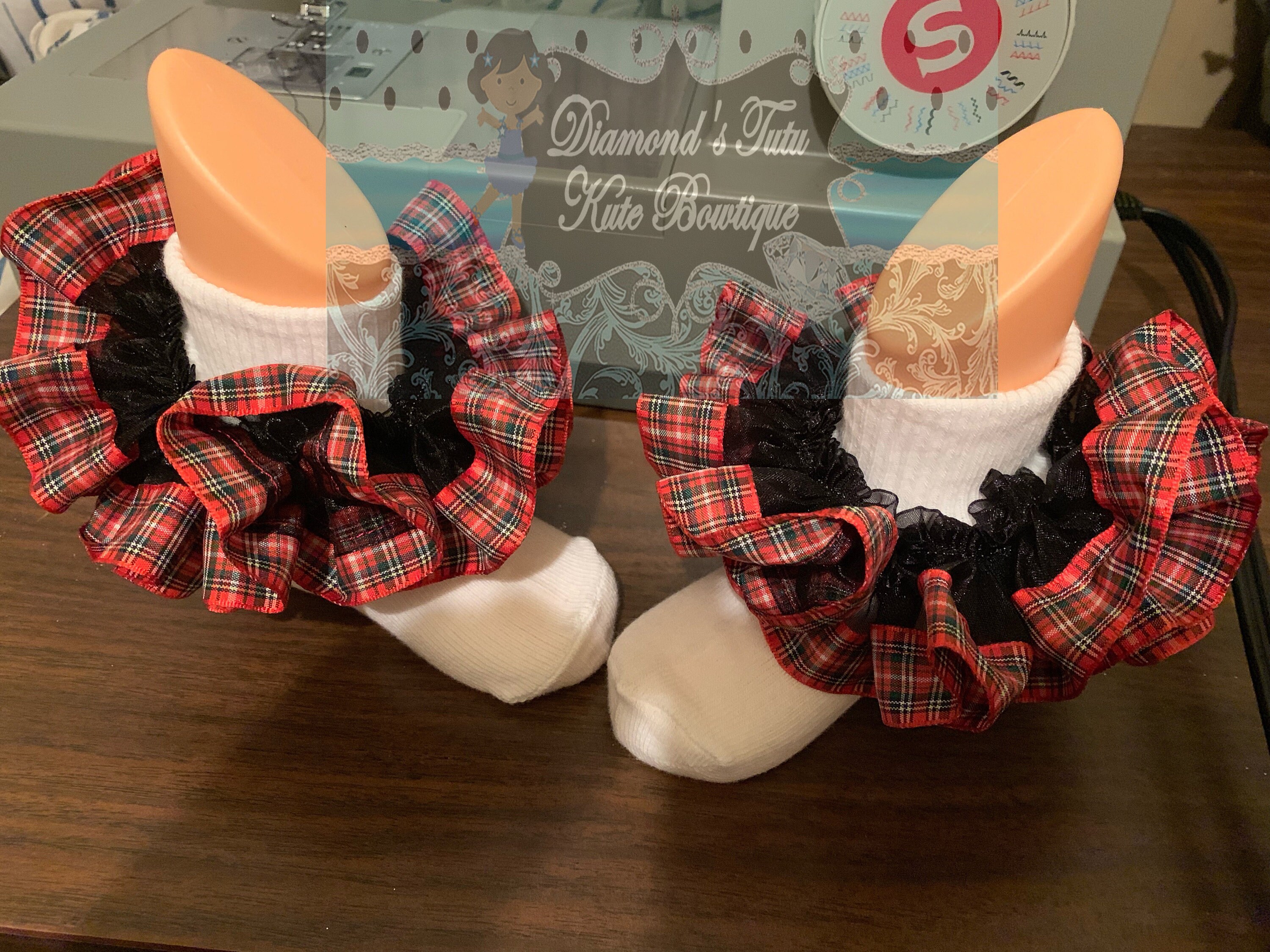 Black Ruffle plaid trim Socks | Etsy