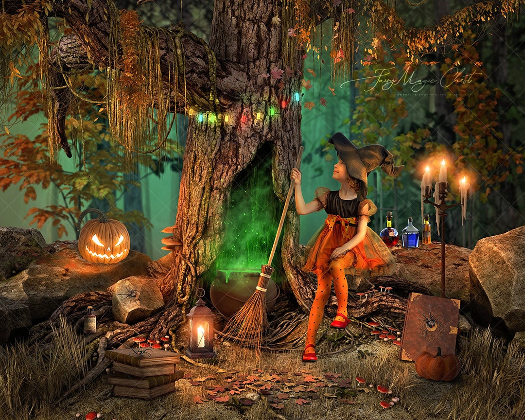Halloween Digital Background, Magic Cauldron on a Tree in the Forest ...