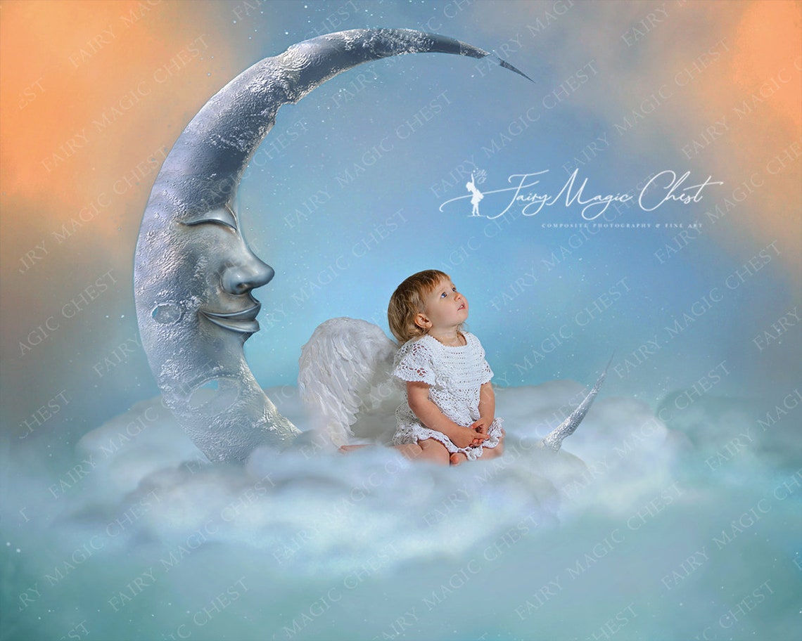 Digital Background Moon with face and clouds sunset sky | Etsy