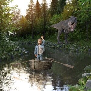 Dinosaur in the River Digital Background. Boat in the River, T Rex in ...