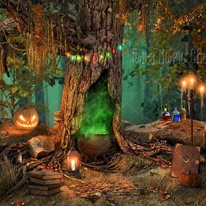 Halloween Digital Background, Magic Cauldron on a Tree in the Forest ...