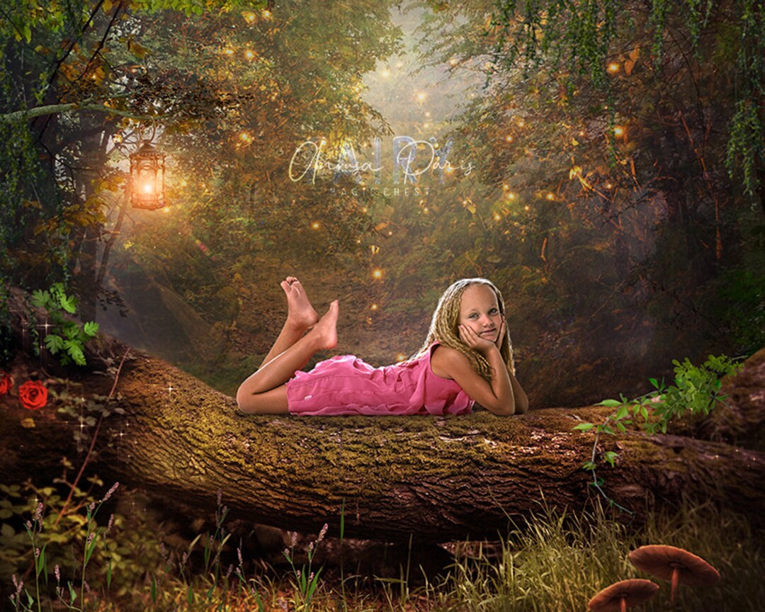 Digital Background / Backdrop Tree Log in Forest, Magical Lights ...