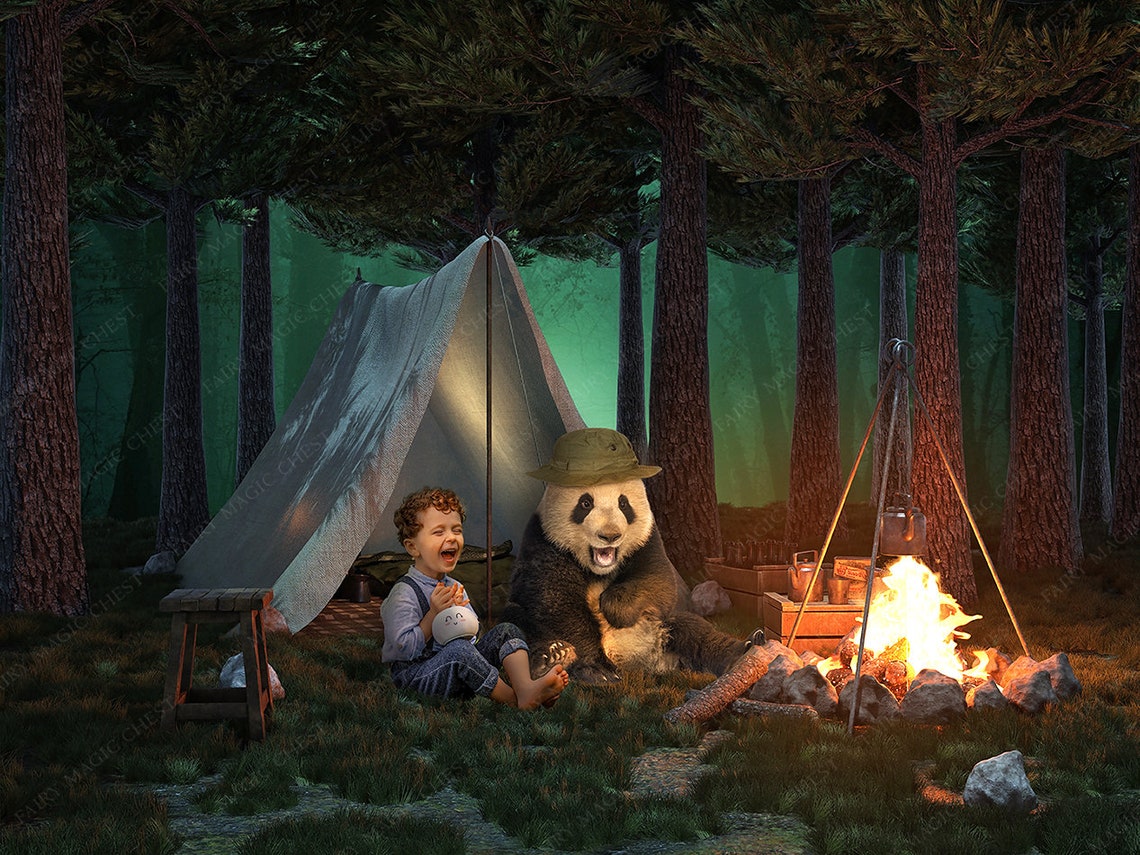 Digital Background. Funny Panda Bear Camping. Scene With Tent - Etsy