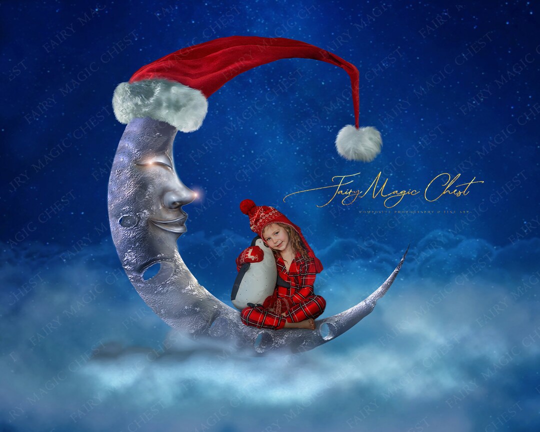 Christmas Digital Background . Crescent Moon Face With Santa - Etsy