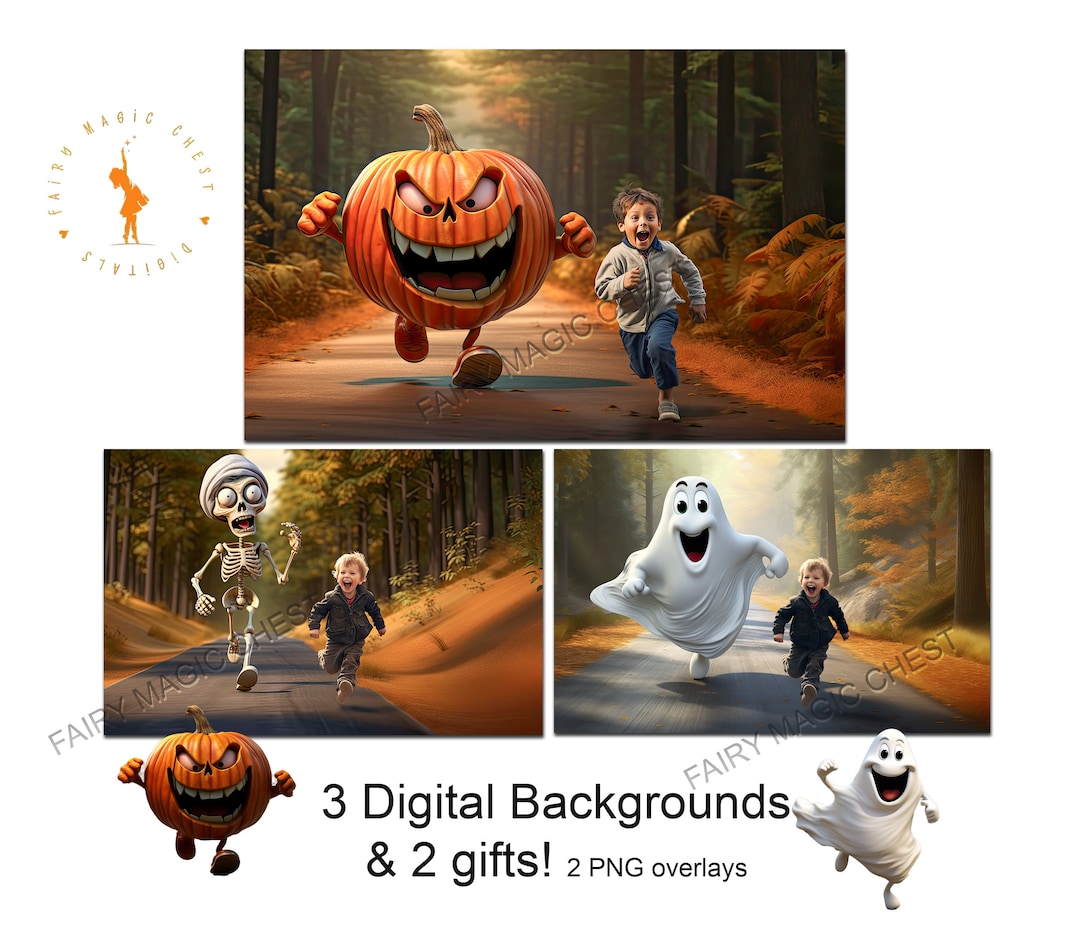 Funny Halloween Photography Backdrops: Running Pumpkin, Ghost, Skeleton ...