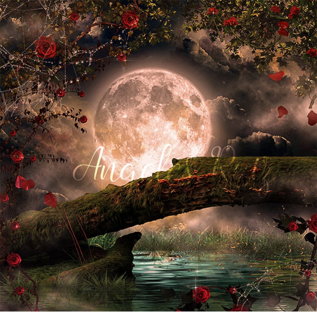 Tree Log on Lake Digital Background / Big Moon Digital Backdrop / Prop ...