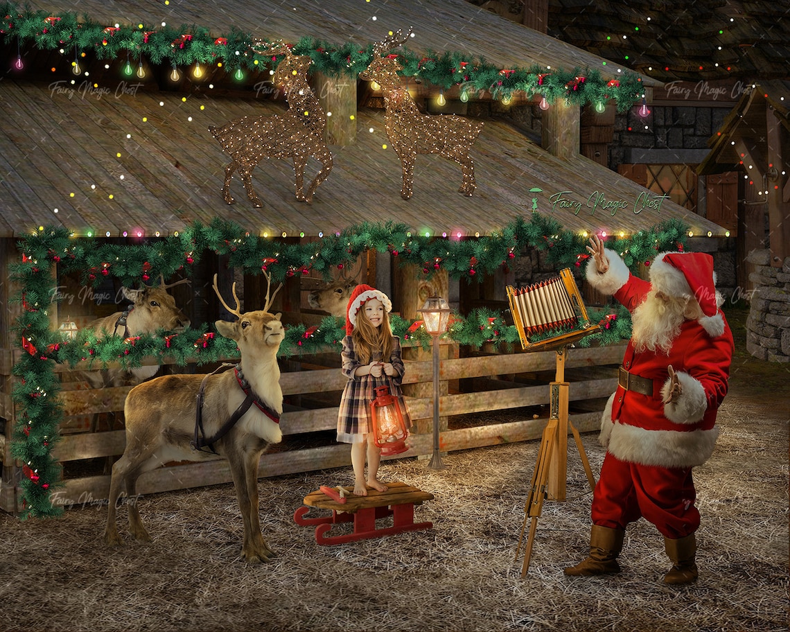 Christmas digital backdrop / background Santa's stable | Etsy