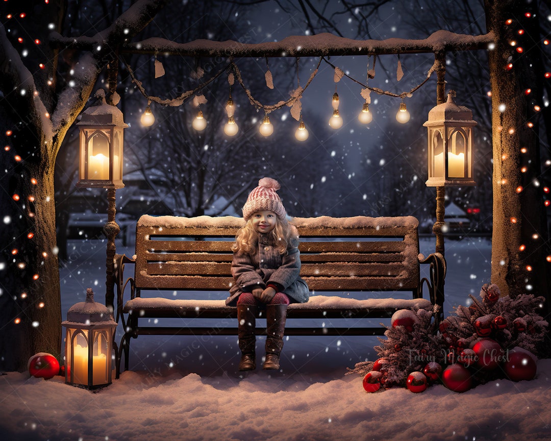 Winter Bench Charm: Christmas Digital Background for Photography ...