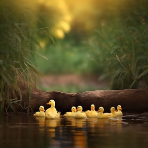 Summer Digital Backdrop , Yellow Ducklings by a Log in the Pond ...
