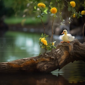 Summer Digital Backdrop , Duck on a Tree Trunk , on a Pond, Digital ...