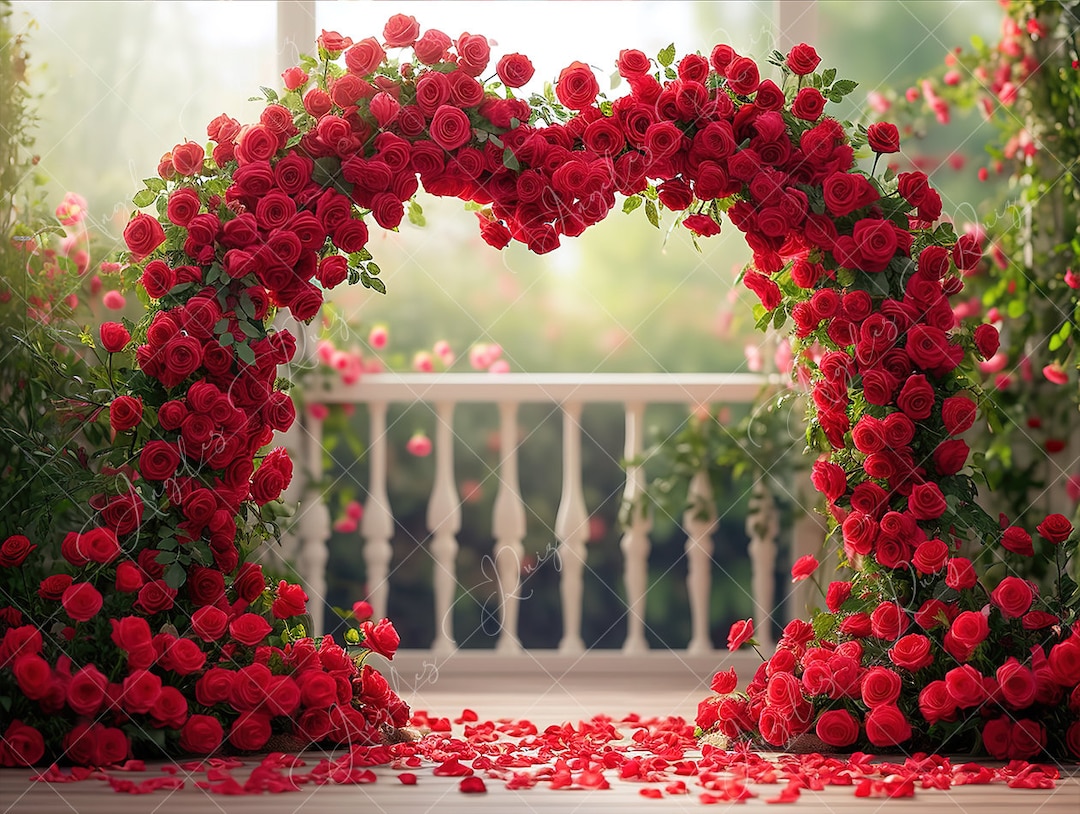 Valentine's Day Digital Backdrop - Heart-shaped Arch Adorned With Roses. Digital Background ...