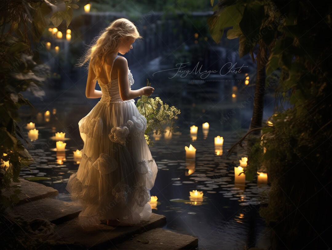 Enchanted Pond Digital Background, Floating Candles Digital Backdrop ...